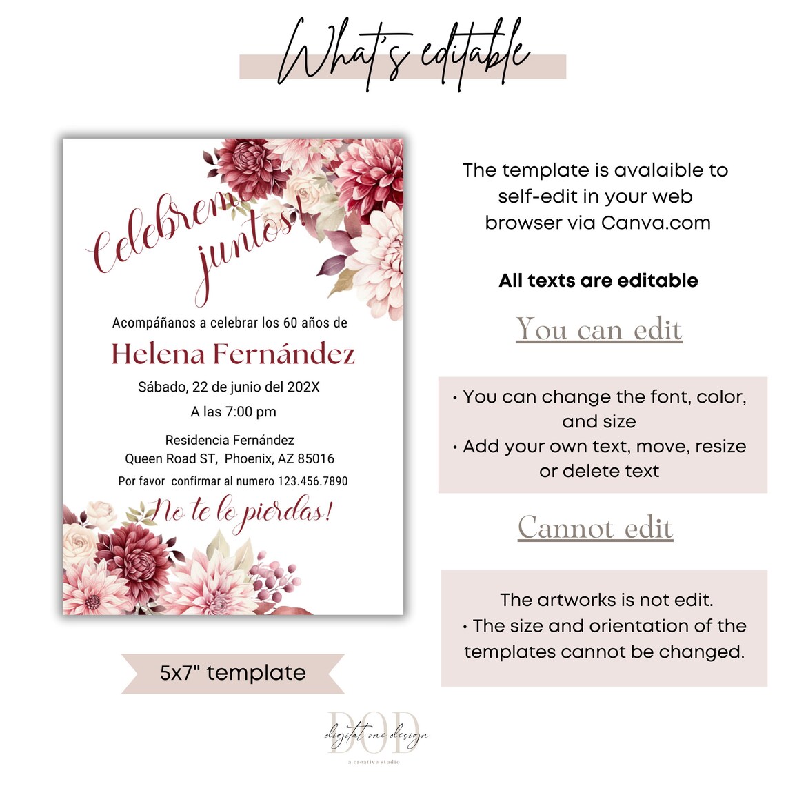 Editable Spanish Birthday Invitation, Dhalias Burgundy and Pink ...