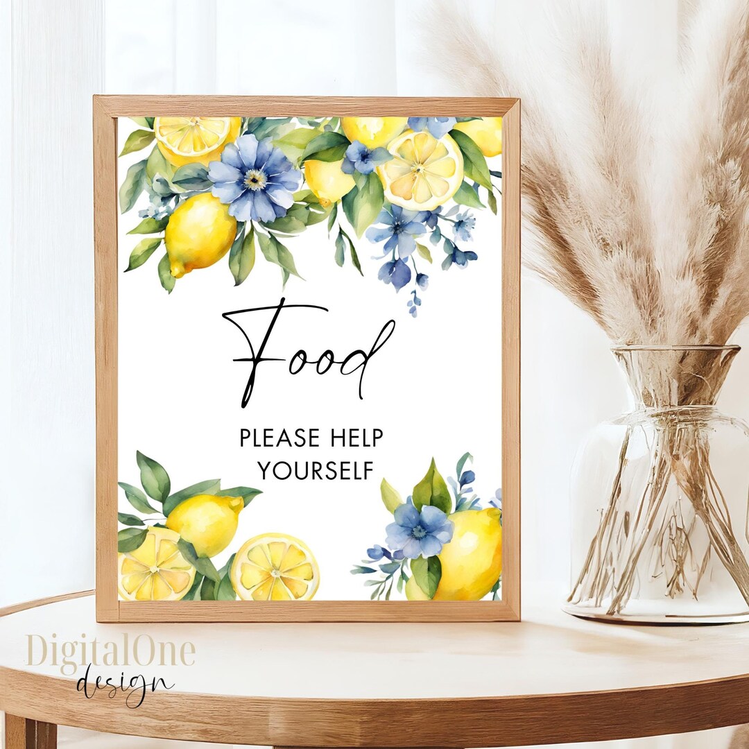 Blue Floral and Lemond Food Sign Printable, Blue Flower Citrus Lemon ...