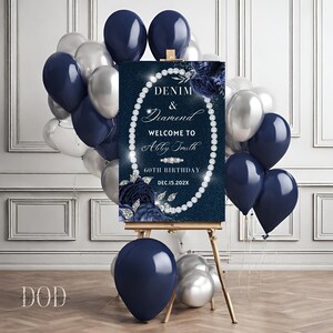 Denim & Diamond Editable Birthday Sign, Glam Blue Jeans Theme Welcome ...
