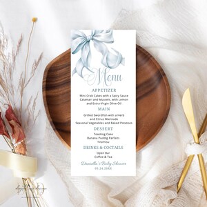 Elegant Dusty Blue Menu Card Template With Coquette Bow Design, Menu ...