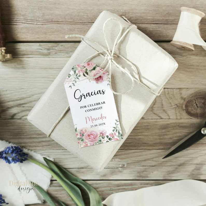 Floral & Pearls Thank You Tag, Gracias Por Celebrar Conmigo Tag ...