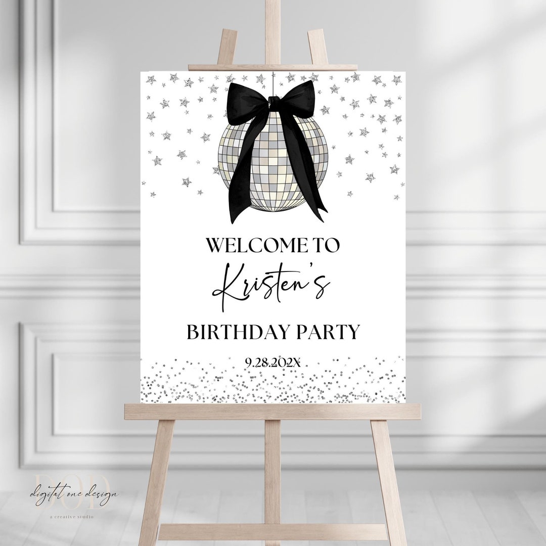 Black Bow & Disco Ball Welcome Sign, Coquette Ribbon Theme, Editable ...