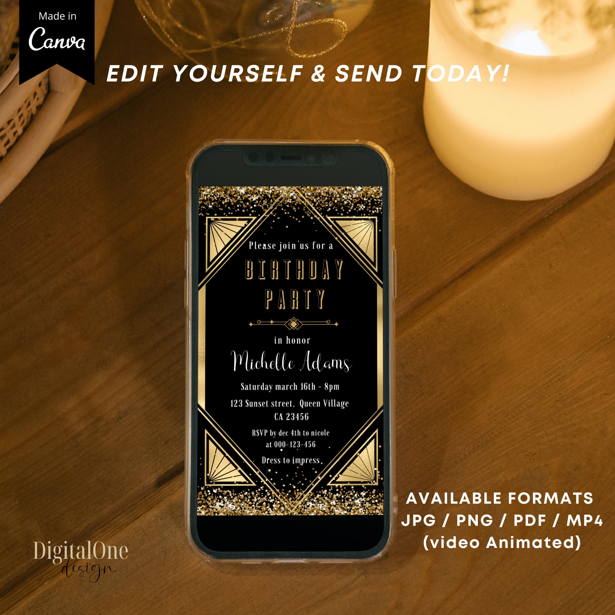 Art Deco Birthday Party Invitation, Gatsby Birthday Invitation Editable ...
