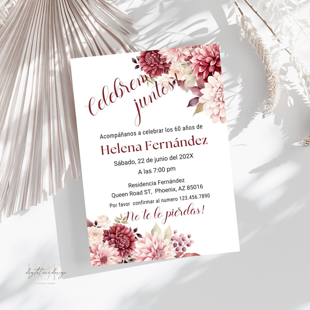 Editable Spanish Birthday Invitation, Dhalias Burgundy and Pink ...