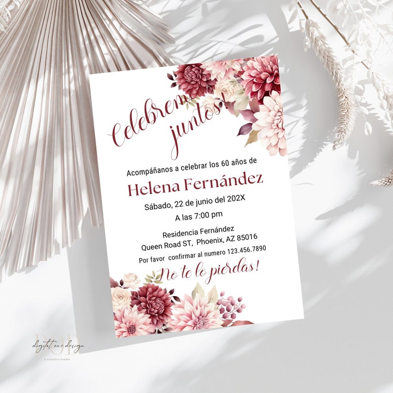 Editable Spanish Birthday Invitation, Dhalias Burgundy and Pink ...