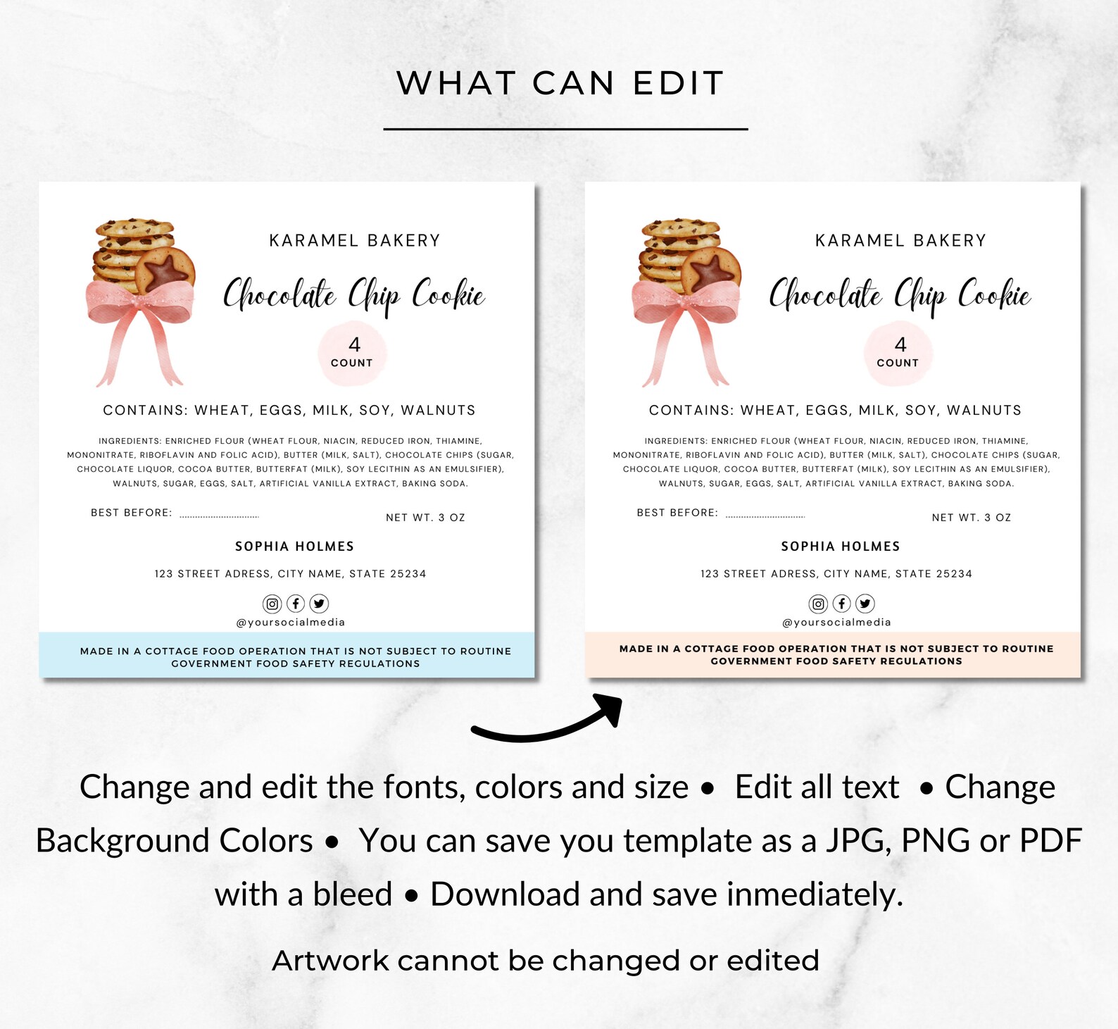 Editable Cottage Law Label Template, Ingredient Labels, Bakery Labels ...