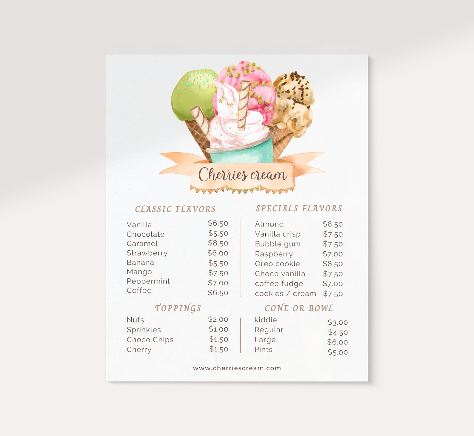 Ice Cream Price List Template, Ice Cream Menu Sign, Ice Cream ...