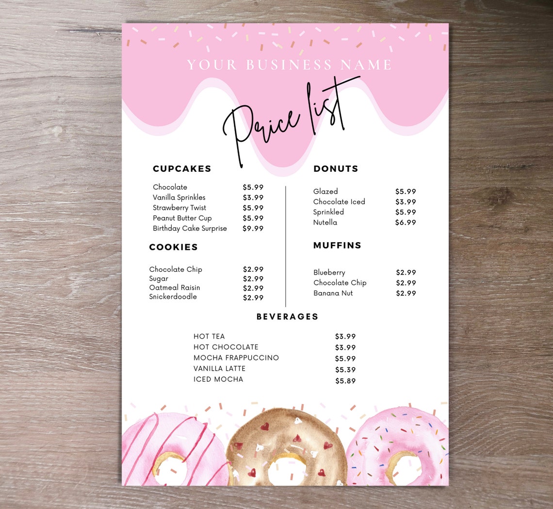Price List Editable Template Bakery Price List Donuts Sweet - Etsy