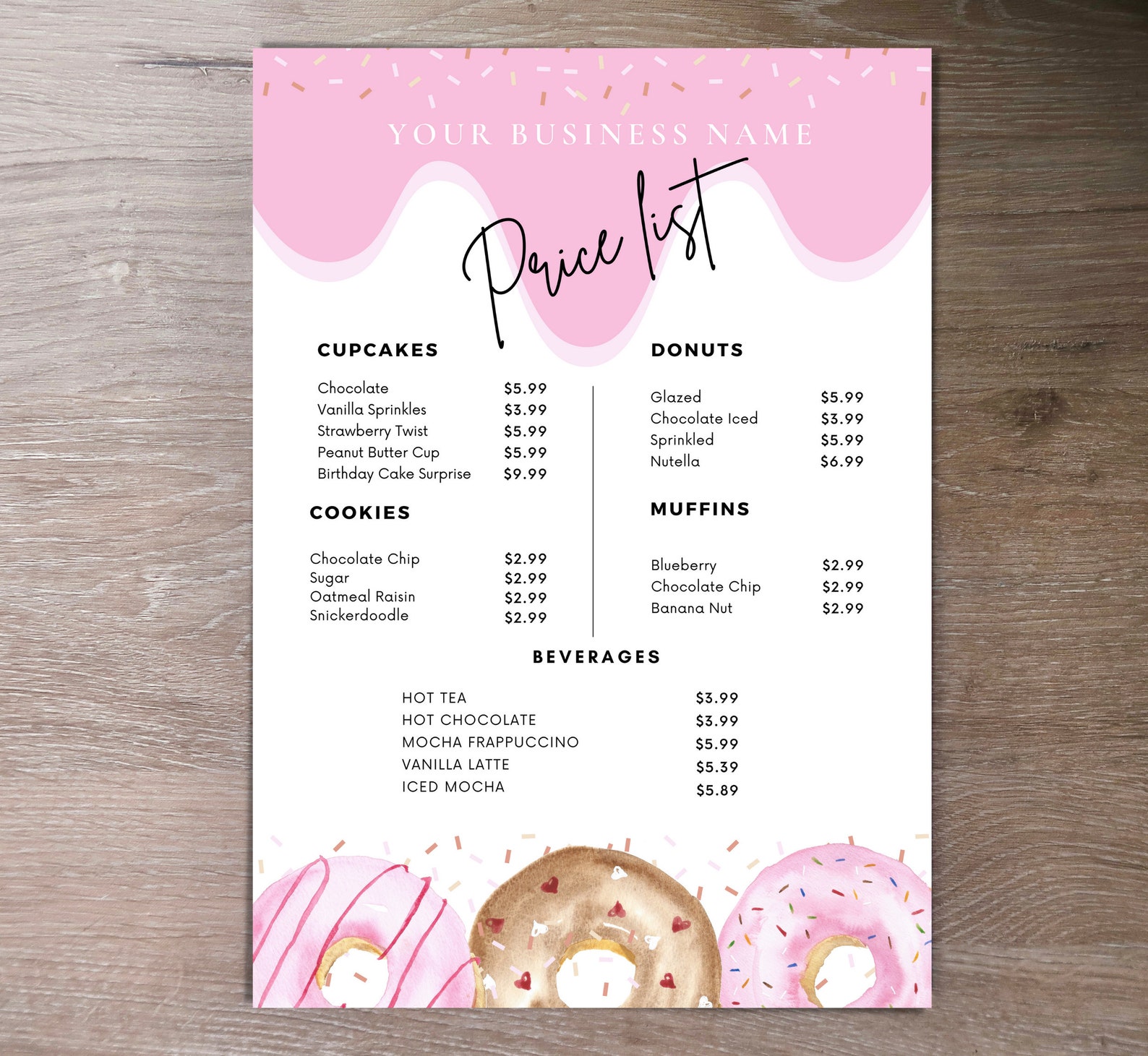 Price List Editable Template, Bakery Price List, Donuts Sweet Treats ...