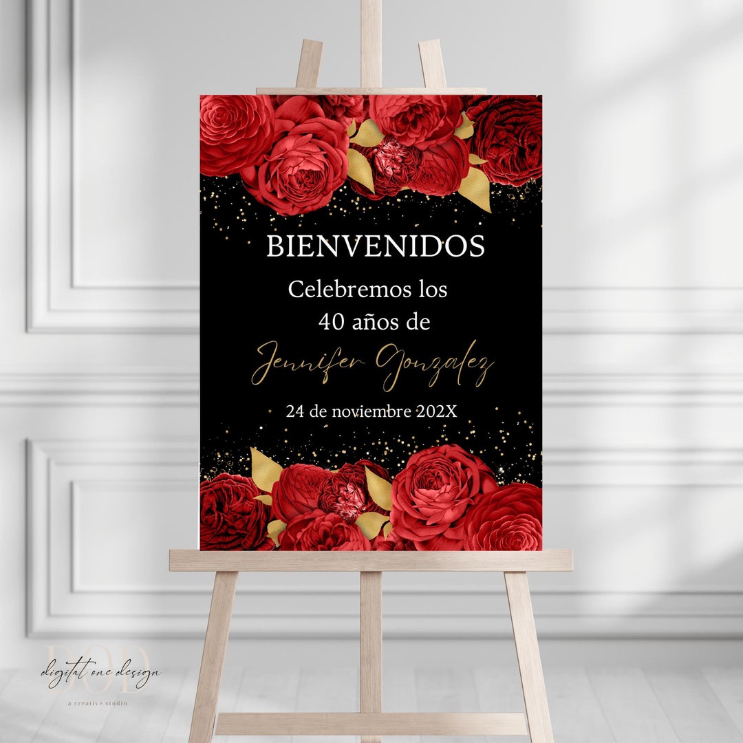 Spanish Birthday Party Welcome Sign, Red and Gold Floral Theme, Elegant ...