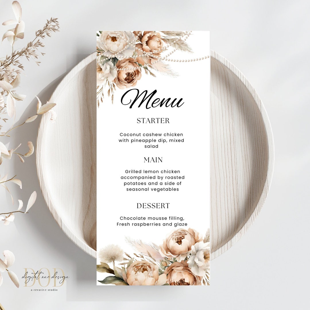 Elegant Boho Floral Menu Card Template, Rustic Boho Floral and Pearls ...