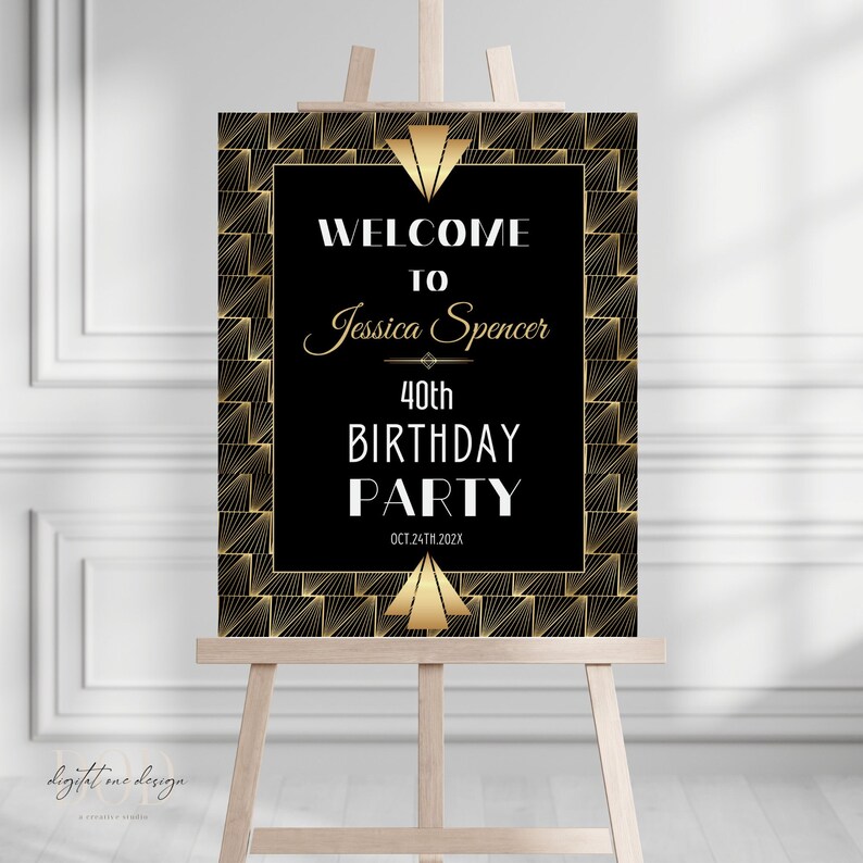 Gatsby Birthday Party Welcome Sign, Black and Gold Art Deco 1920s Theme ...