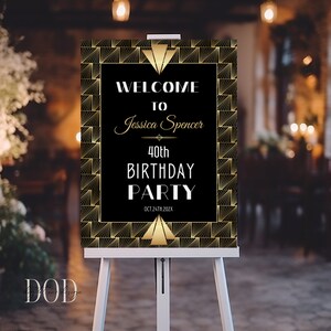 Gatsby Birthday Party Welcome Sign, Black and Gold Art Deco 1920s Theme ...