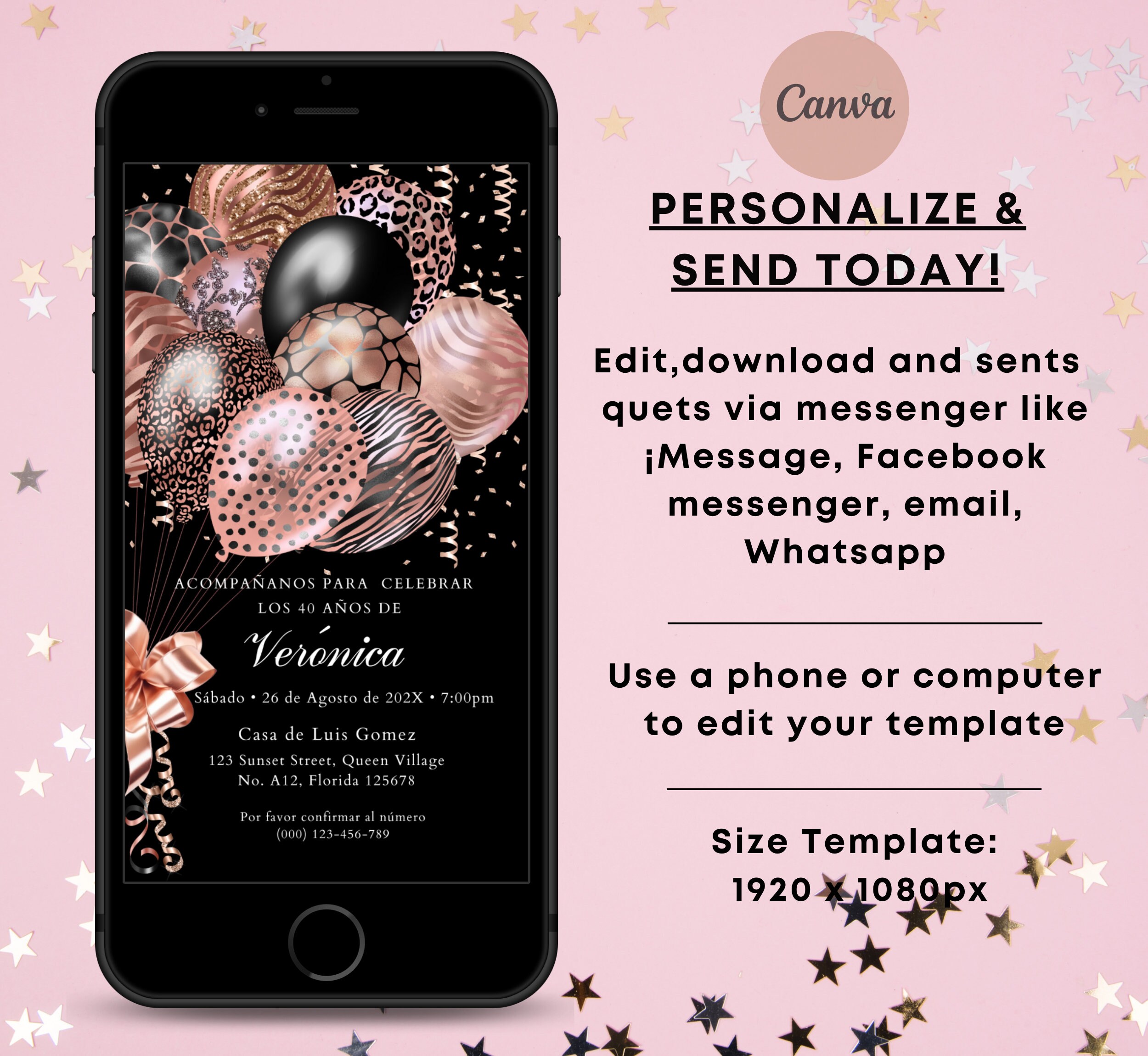Spanish Birthday Party Invitation, Rose Gold Zafari Balloons, Any Age ...