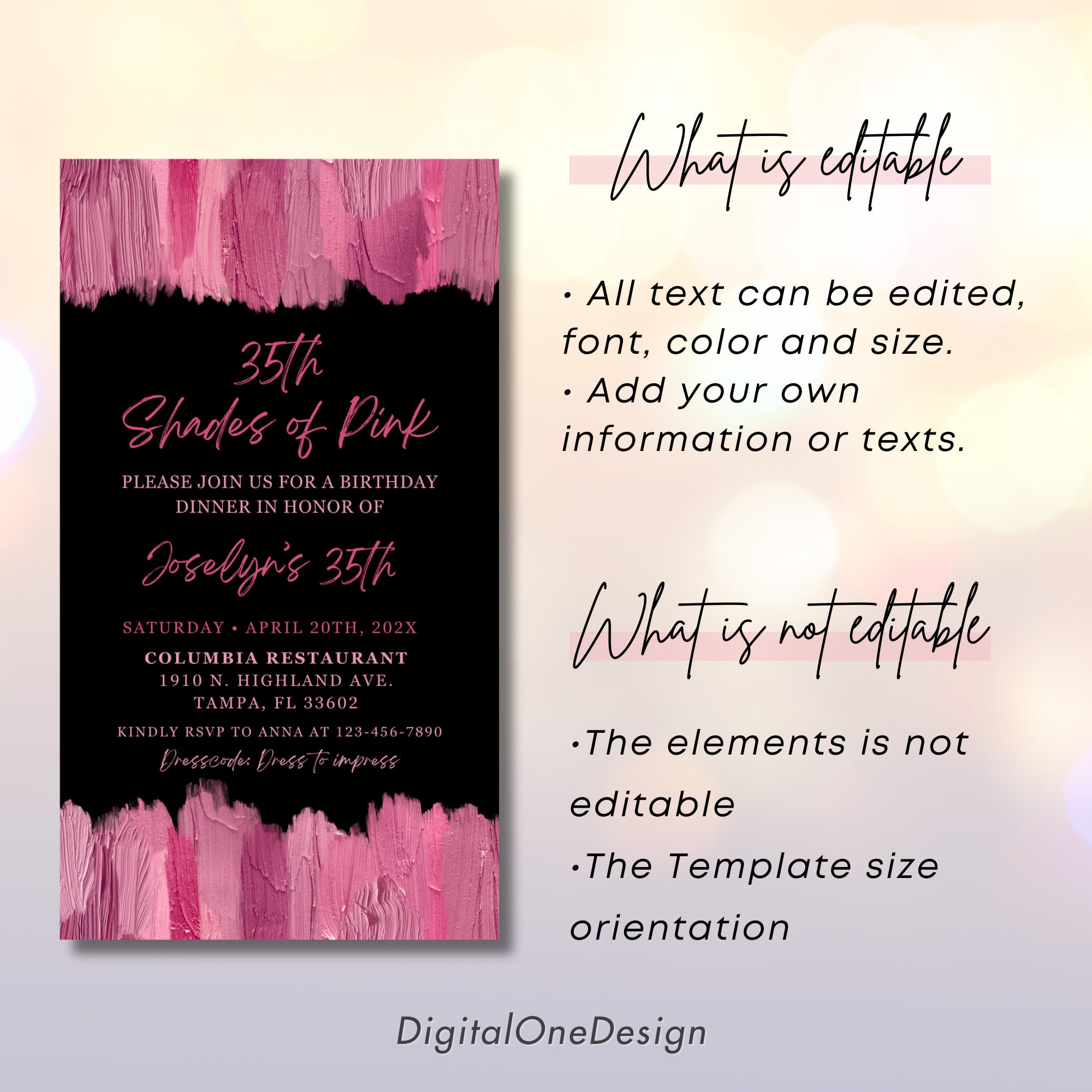 Digital Shades of Pink Birthday Dinner Invitation, Paint Brush Stroke ...