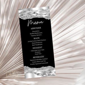 Silver and Black Menu Card Template, Editable Birthday Dinner Menu ...