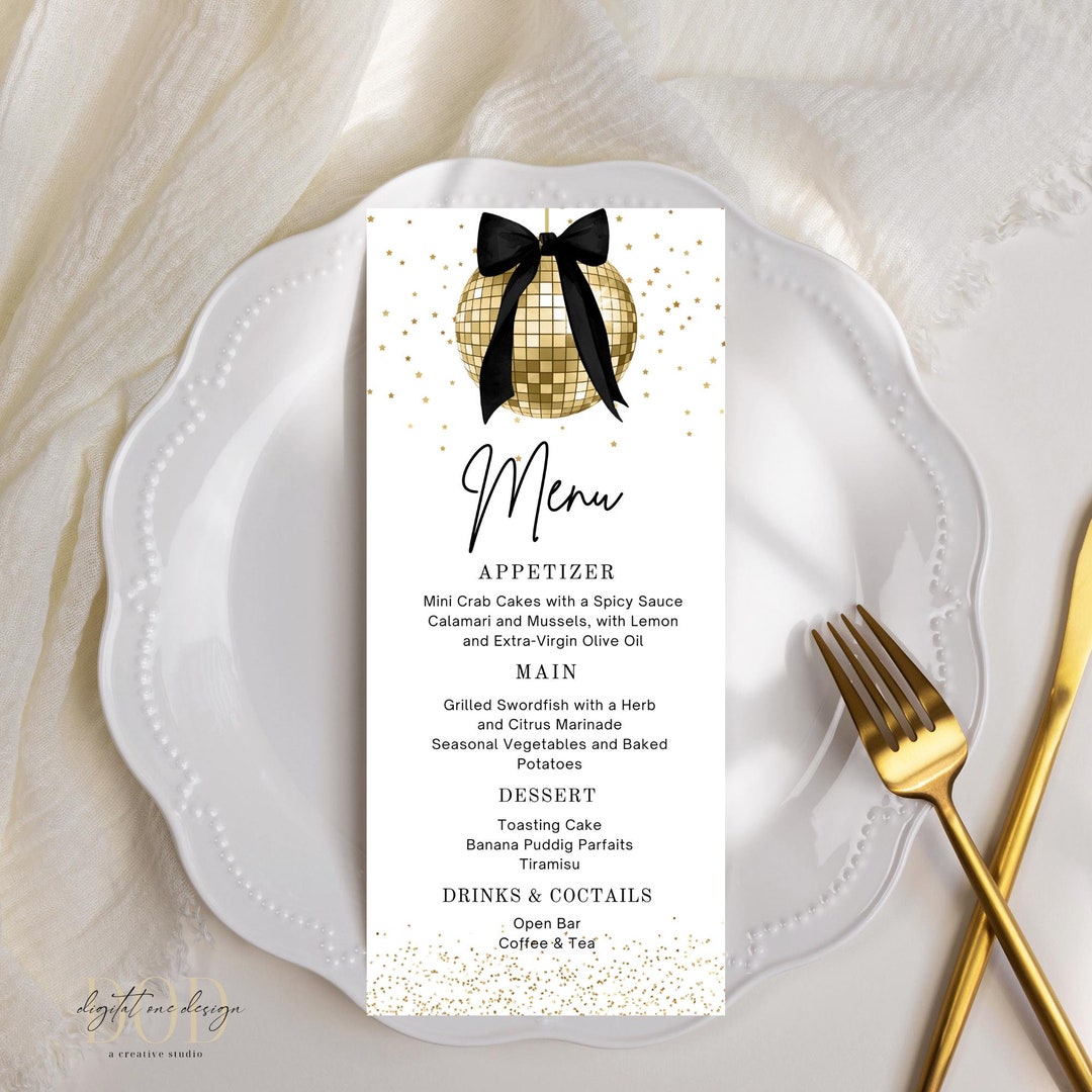 Editable Disco Ball Menu Card, Coquette Black Bow and Gold Disco Ball ...