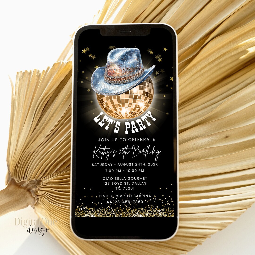 Let's Party Disco Ball Birthday Invitation, Western Cowgirl & Cowboy ...