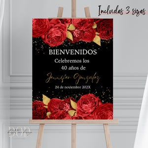Spanish Birthday Party Welcome Sign, Red and Gold Floral Theme, Elegant ...