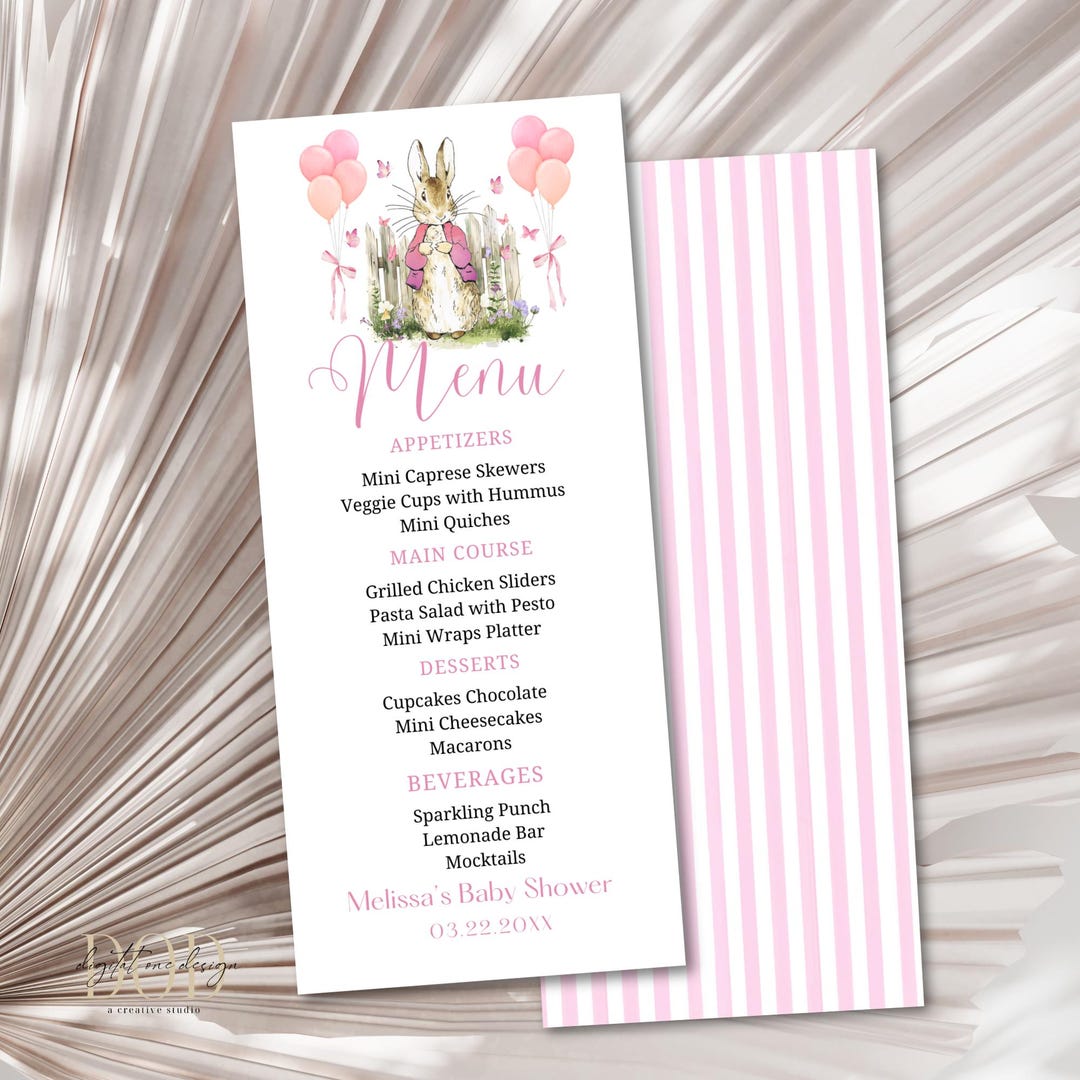 Editable Pink Peter Rabbit Bunny Menu Card, Bunny Spring Garden Menu ...