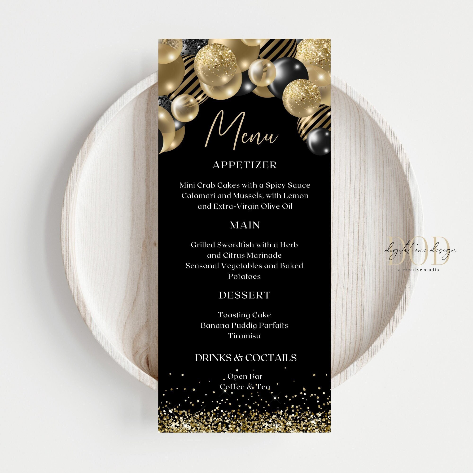 Editable Dinner Party Menu Template, Gold & Black Balloons Theme ...