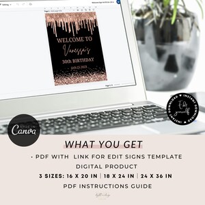 Rose Gold Birthday Welcome Sign, Rose Gold Glitter Drip and Black Theme ...