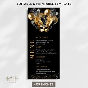 Editable Masquerade Menu Card Template, Gold Masquerade and Glitter ...