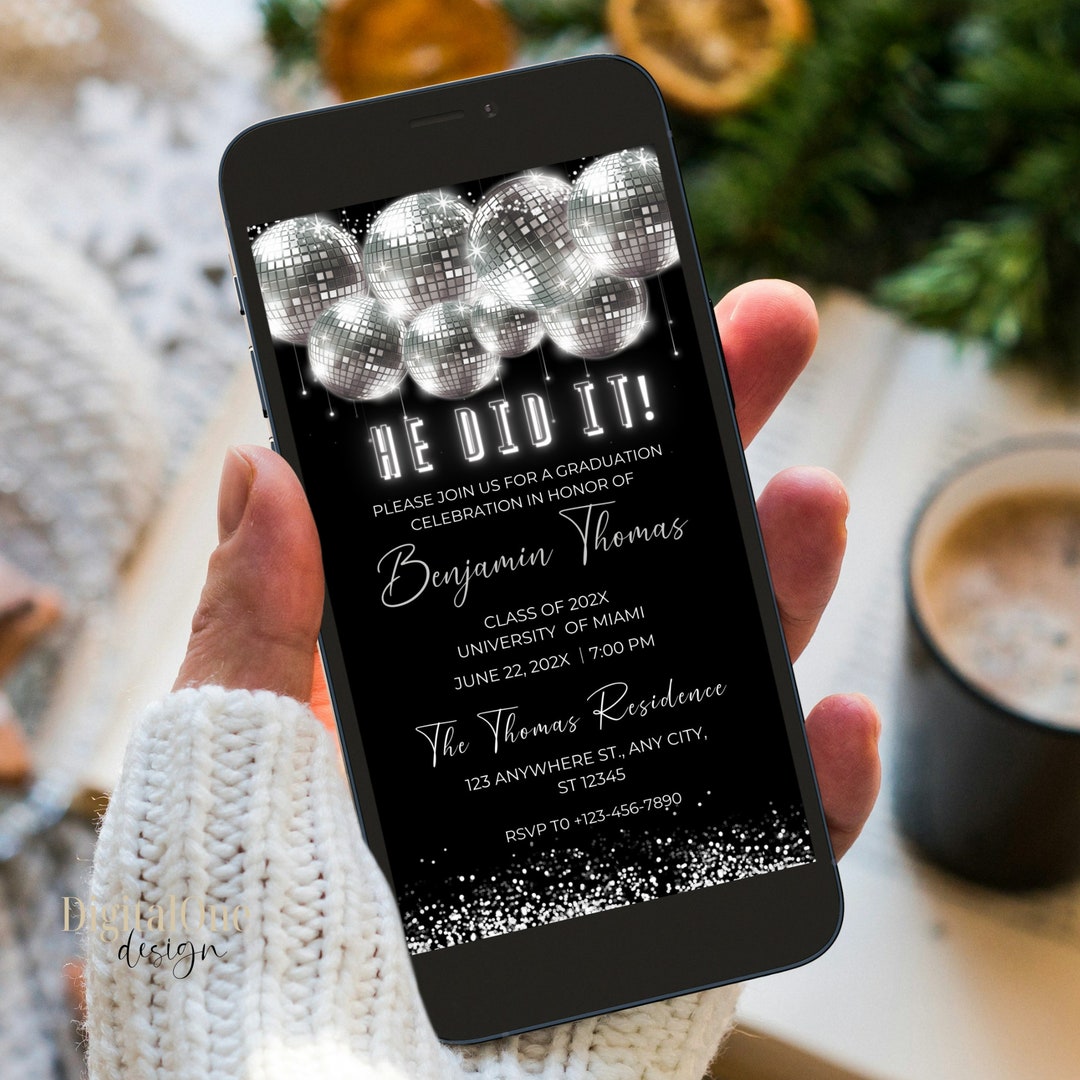 Shiny Disco Ball Graduation Invite, Fun 'he Did It' or 'she Did It ...