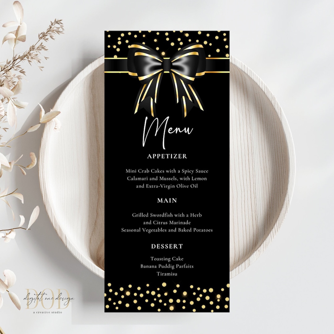 Elegant Black & Gold Menu Template, Birthday Event With Bow and ...