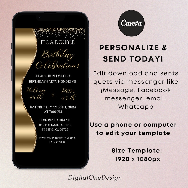 Editable Dual Birthday Party Invitation, Elegant Gold & Black Wave ...