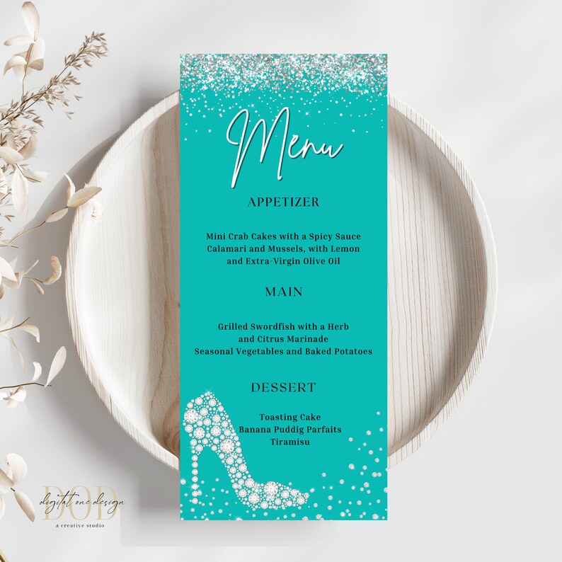 Diamonds Menu Card Template, Teal & Silver Glitter Diamonds High Heel ...