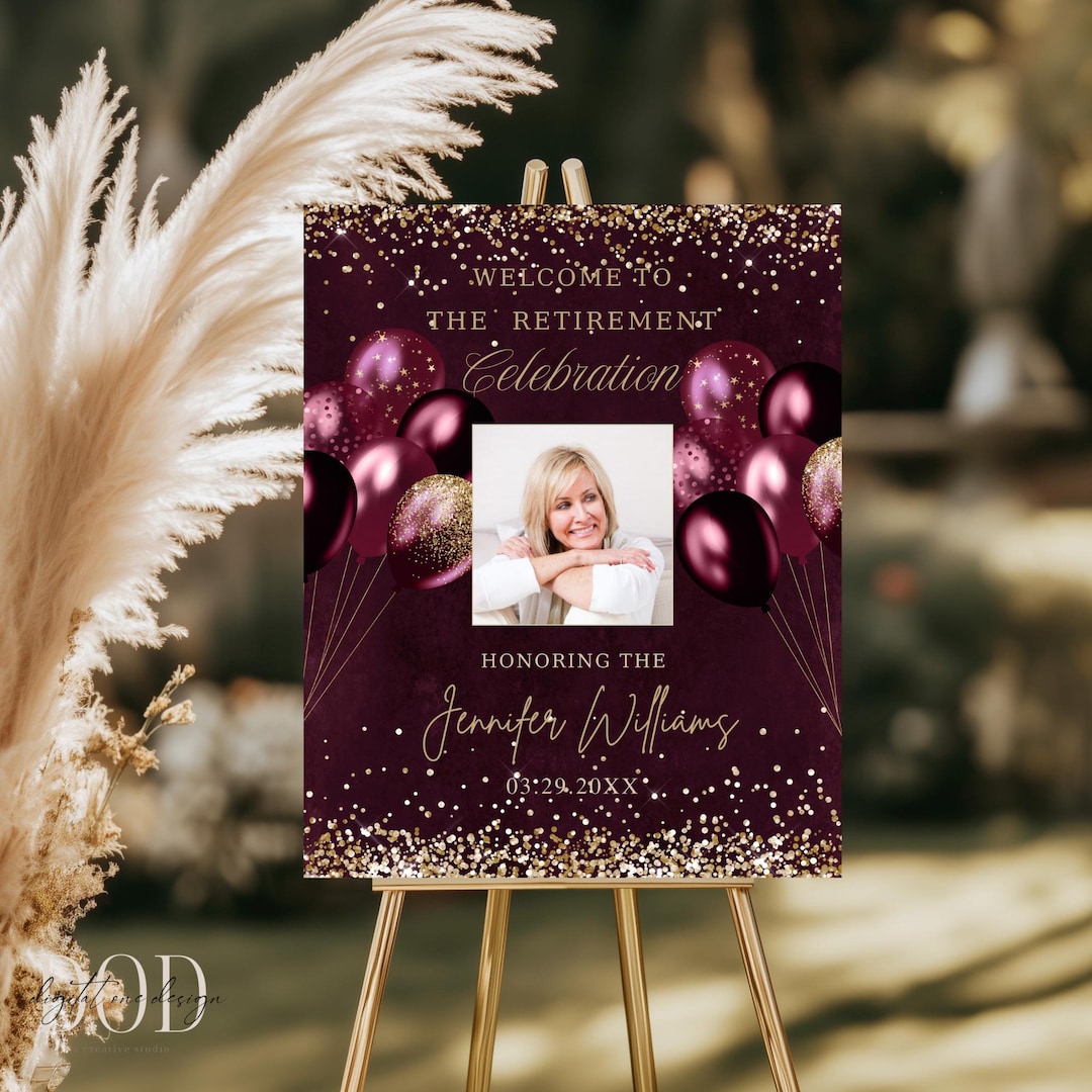 Retirement Welcome Sign With Photo, Burgundy & Gold Party Decor, Custom ...