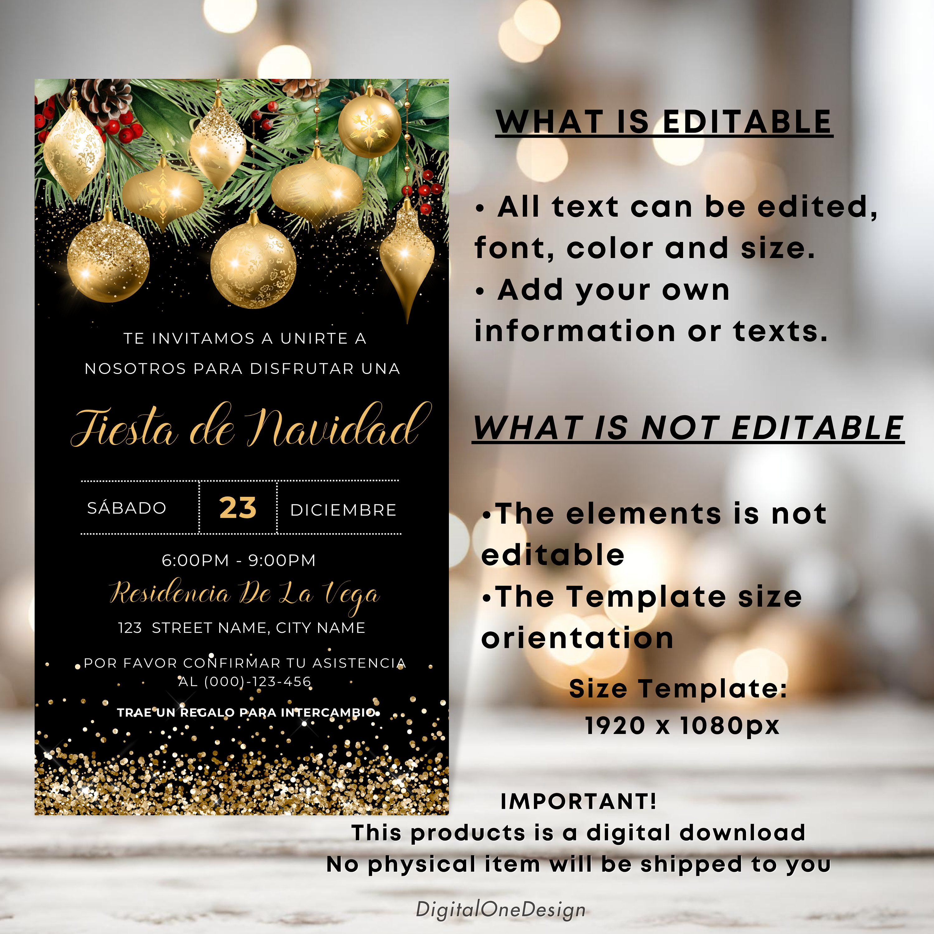 Spanish Christmas Party Electronic Invitation, Invitacion Fiesta De Navidad, Editable Spanish ...