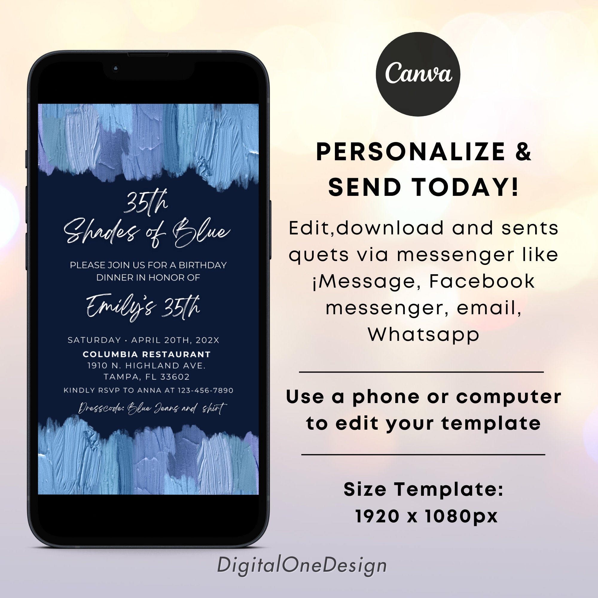 Shades of Blue Birthday Invitation Digital, Paint Brush Stroke Shades ...