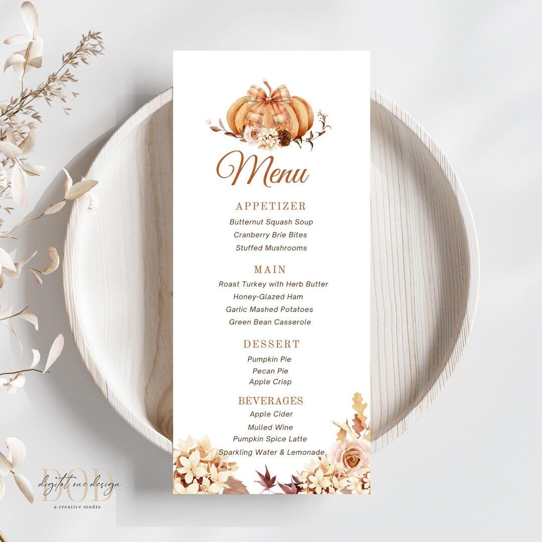 Editable Pumpkin Floral Menu Card Template, Bow Pumpkin Theme ...