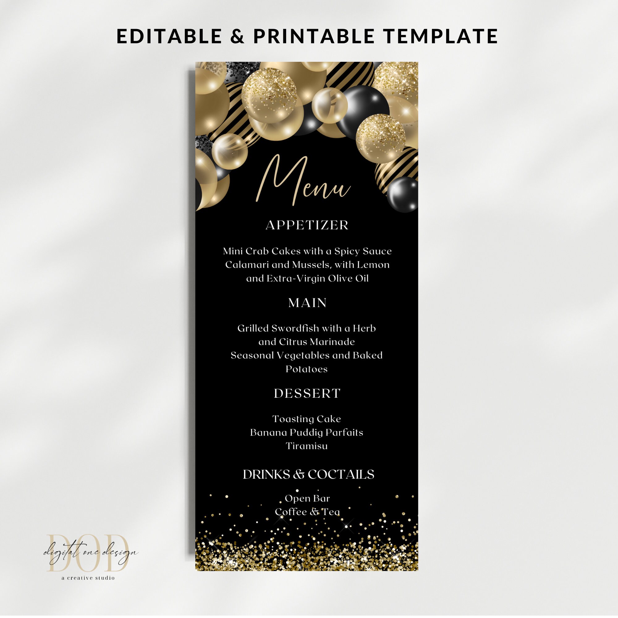 Editable Dinner Party Menu Template, Gold & Black Balloons Theme ...
