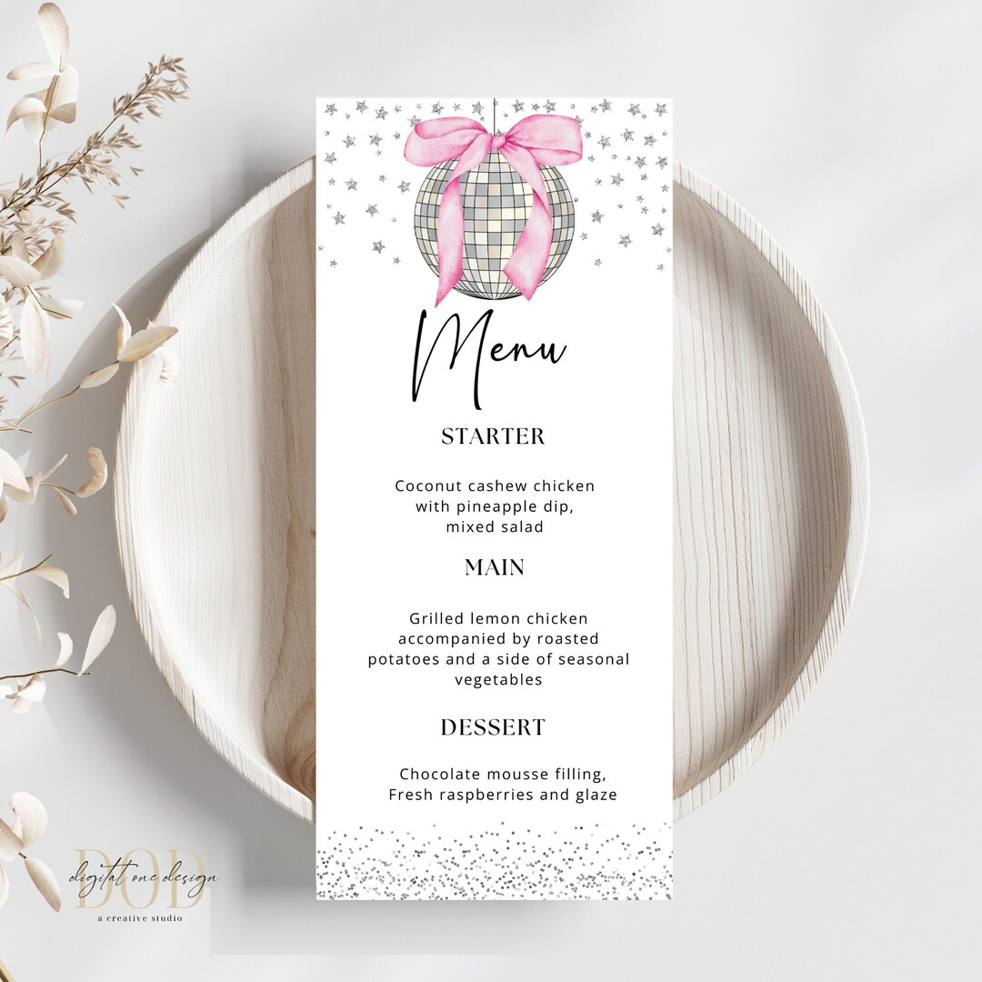 Pink Bow Disco Ball Menu Cards Template, Coquette Ribbon & Disco Ball ...