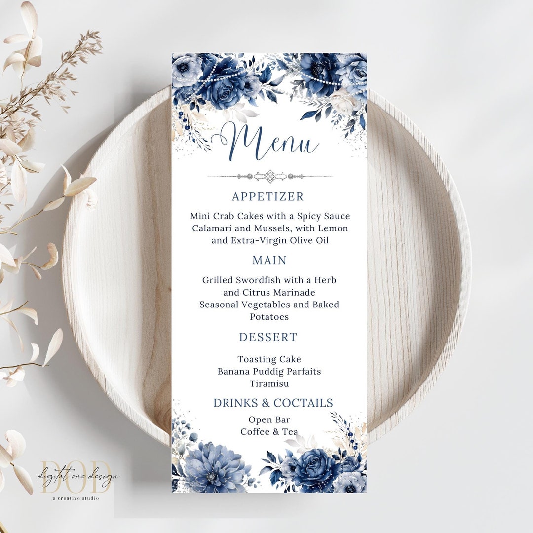 Editable Navy Floral Menu Card Template With Pearls, Elegant Birthday ...