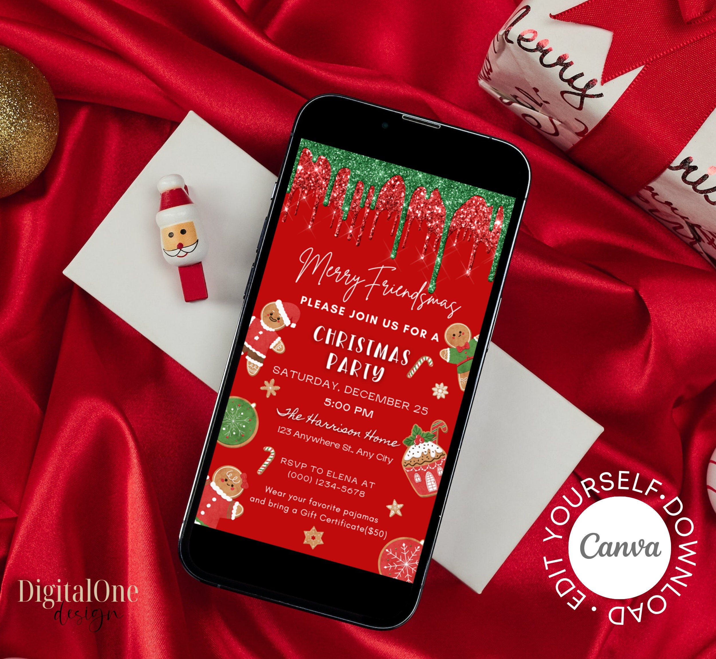 Merry Friendsmas Party Invitation, Gingerbread Christmas Holiday ...