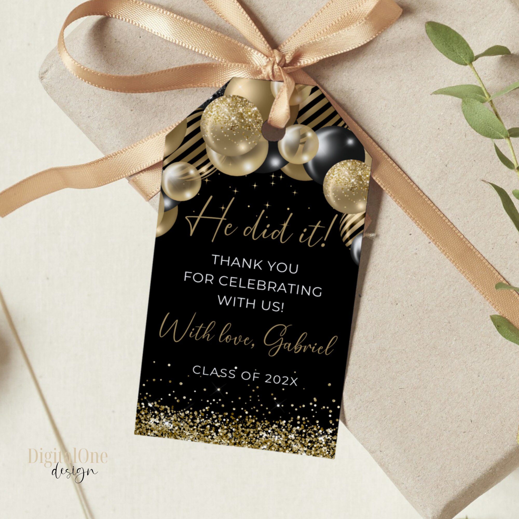 Graduation Thank You Tags Printable, Elegant Gold & Black Balloons ...