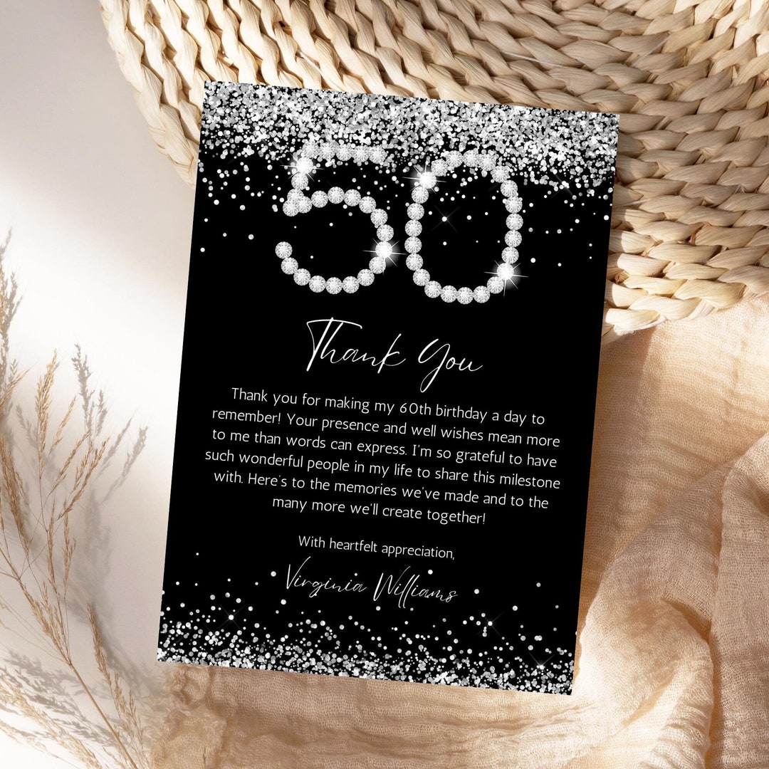 Elegant 50th Thank You Card Template, Diamond & Silver Glitter Design ...