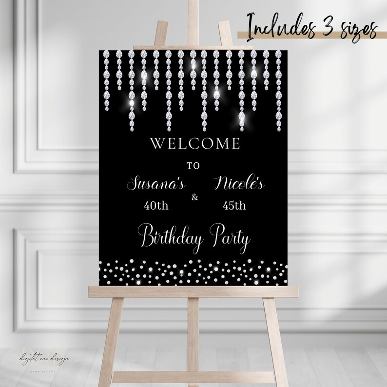Chic Double Birthday Welcome Sign, Diamond Theme Party Decor, Joint ...