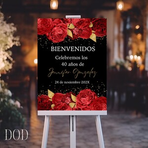 Spanish Birthday Party Welcome Sign, Red and Gold Floral Theme, Elegant ...