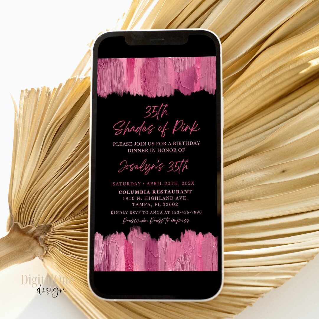 Digital Shades of Pink Birthday Dinner Invitation, Paint Brush Stroke ...