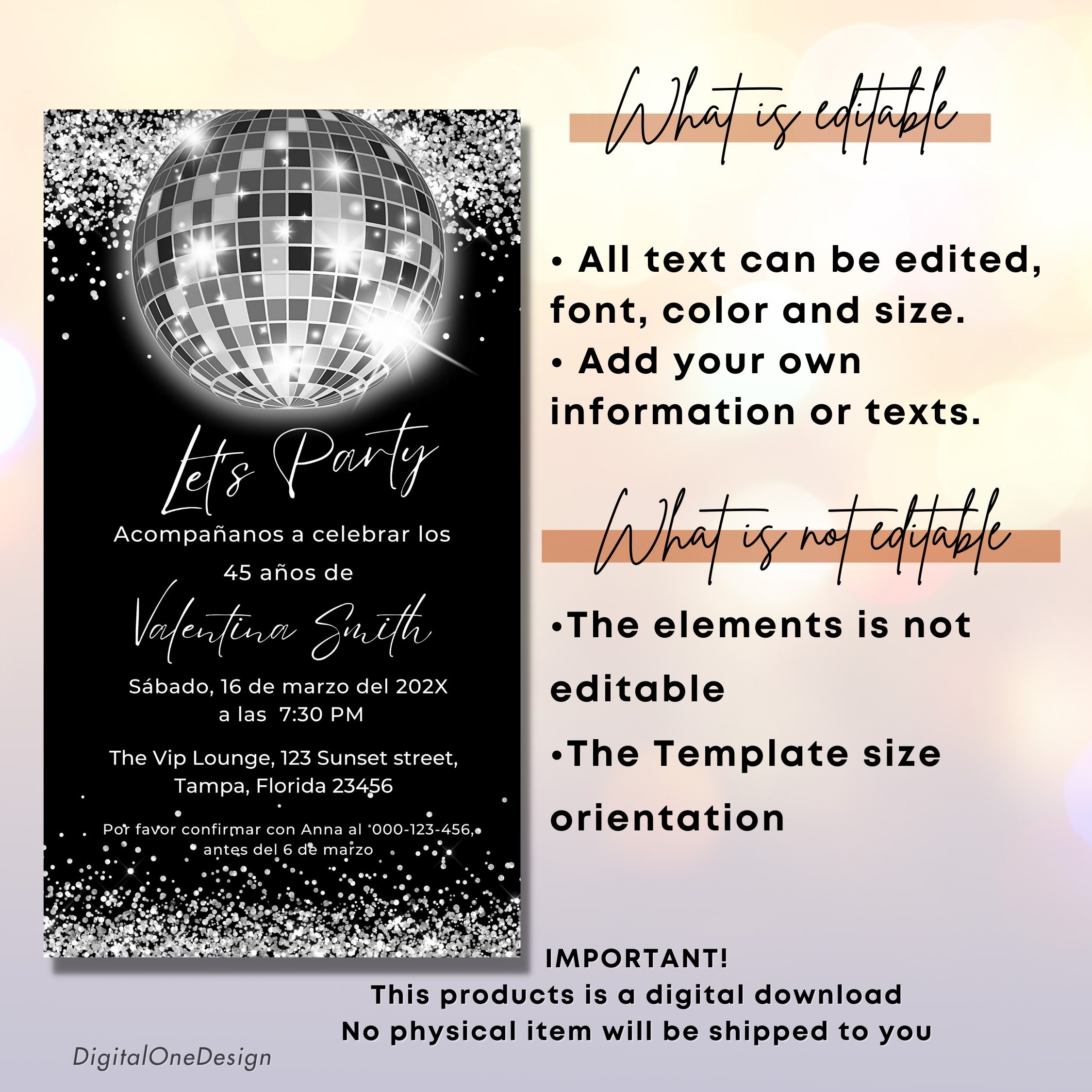 Spanish Disco Party Birthday Invitation, Disco Ball Silver, Any Age ...