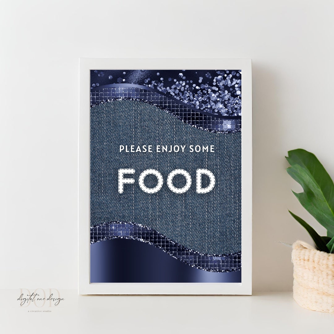 Denim Food Printable Sign, Food Station Birthday, Navy Glitter Denim ...