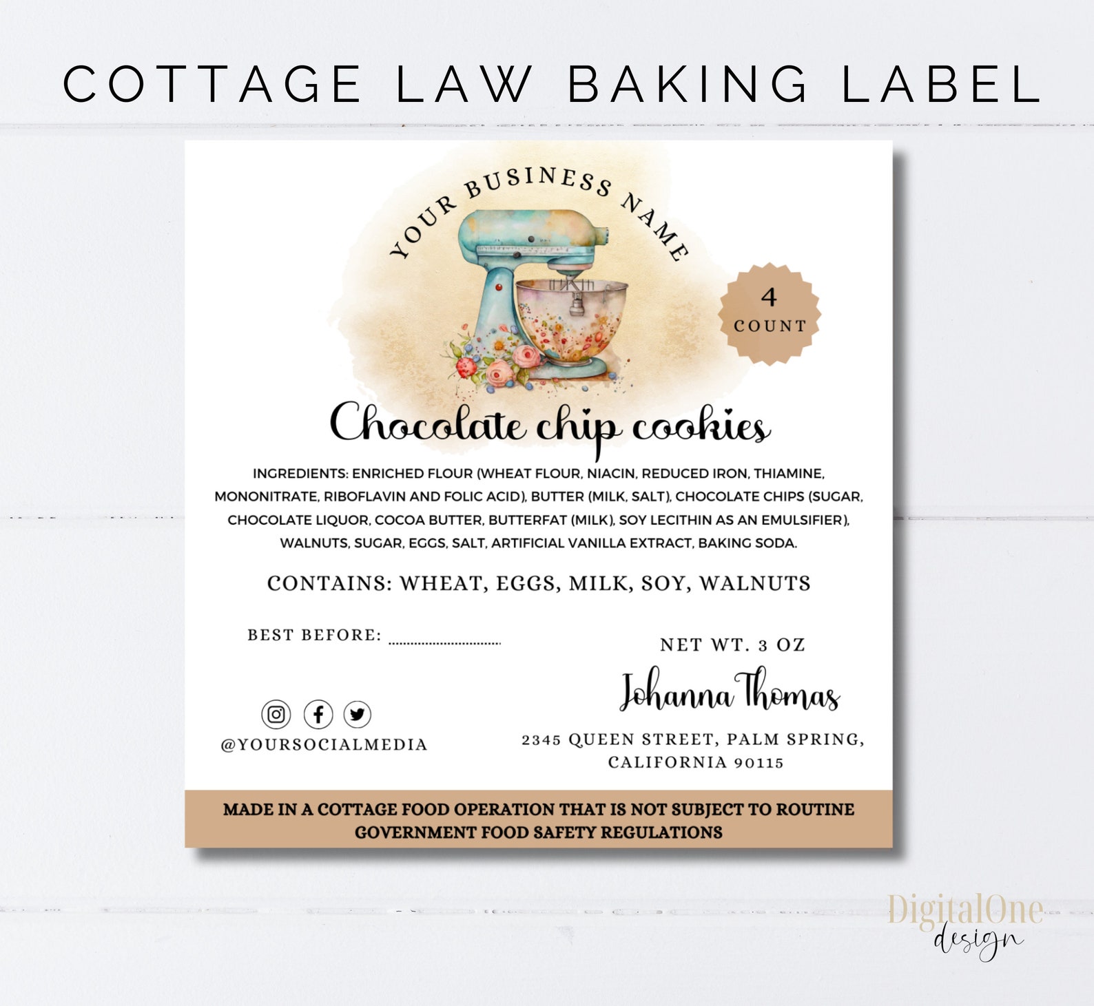 Editable Cottage Law Label Template, Cottage Bakery Label, Blue Mixer ...