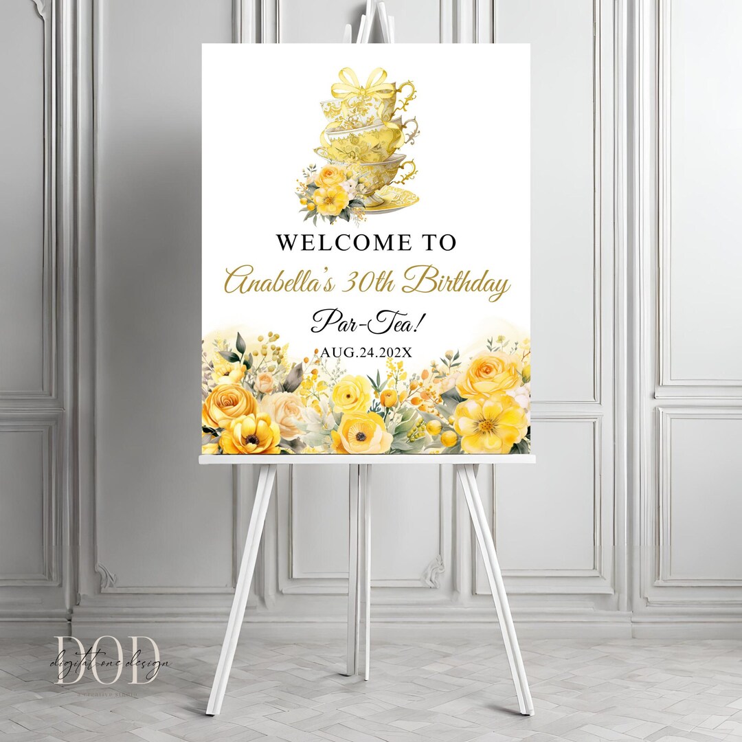 Charming Yellow Floral Tea Party Welcome Sign, Yellow Cups & Blooms ...
