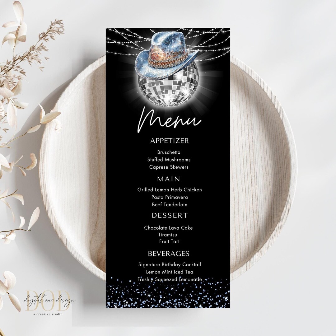 Silver Disco Ball Menu Card Template, Western Cowgirl & Cowboy Design ...