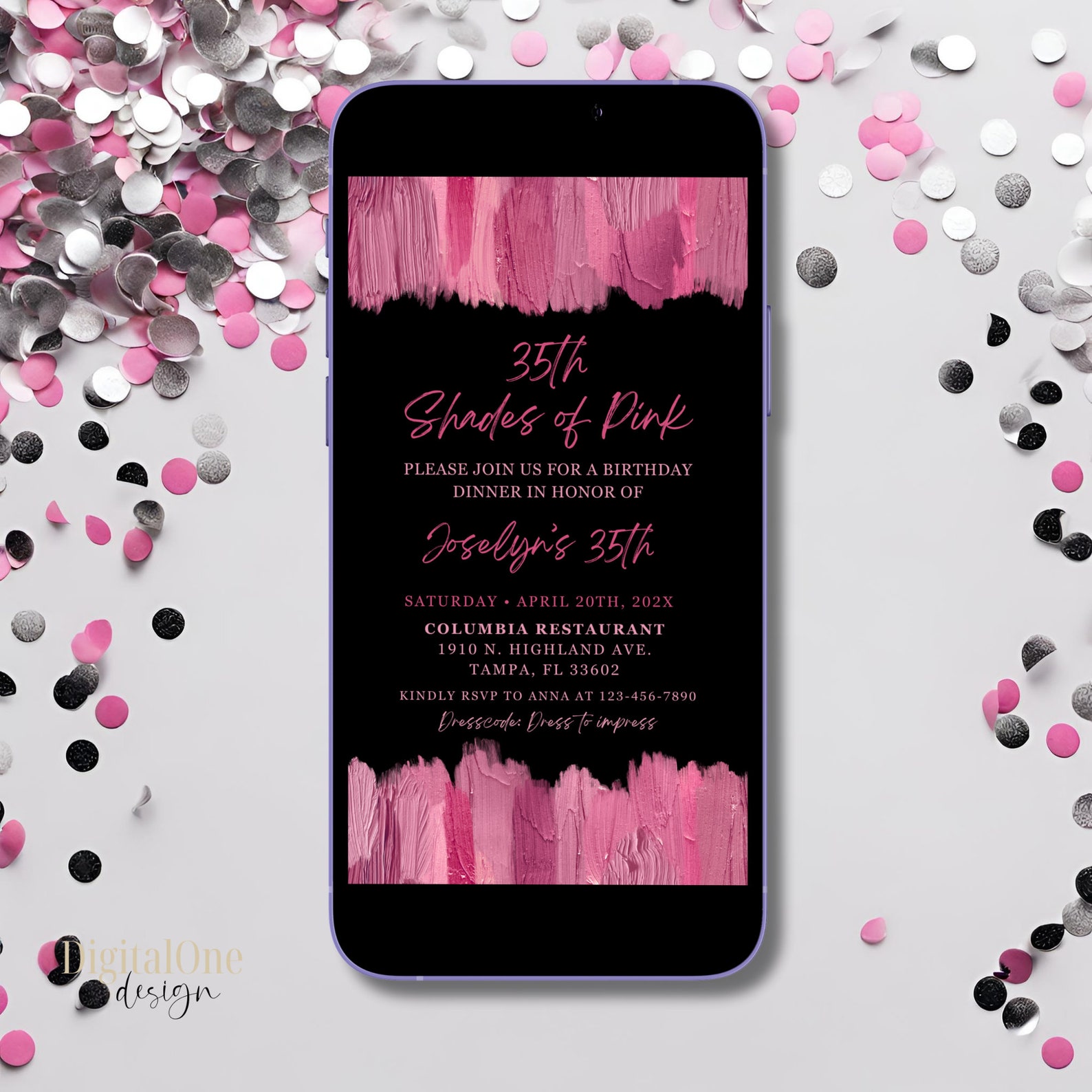 Digital Shades of Pink Birthday Dinner Invitation, Paint Brush Stroke ...